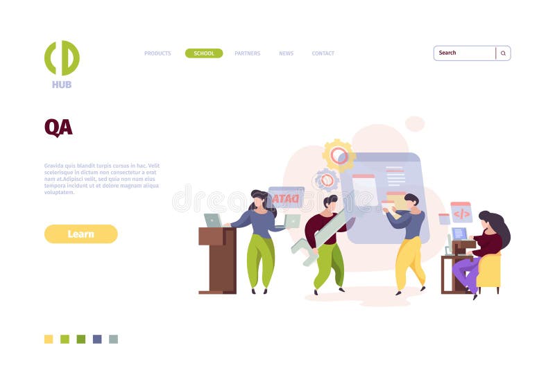 Qa Landing Page Web App Testing Software Programming Bugs Fixing Online Prototype Garish Vector