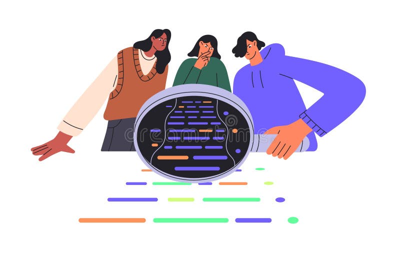Qa Software Engineer Team With Magnifying Glass Inspect Code Testers In Teamwork Find Bugs In