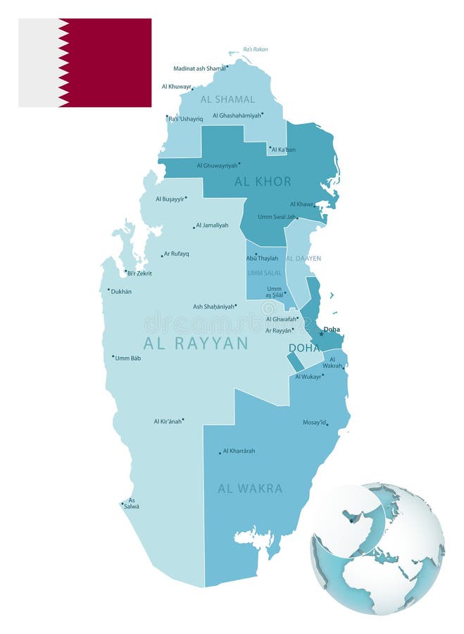 Qatar Administrative Blue-green Map with Country Flag and Location on a ...