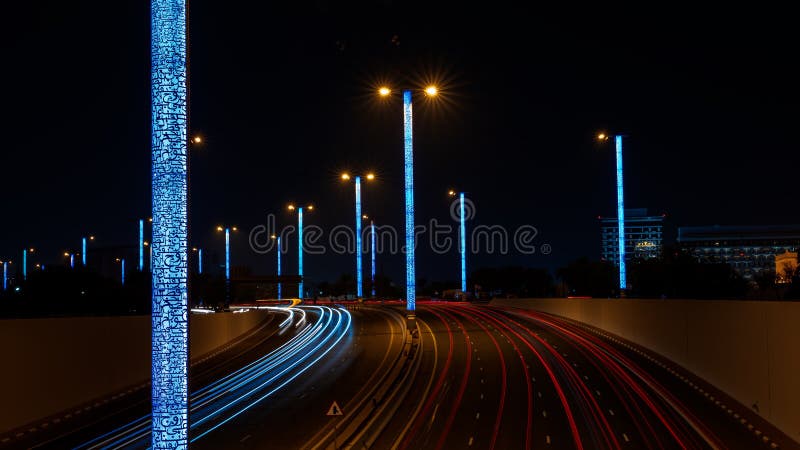 Qatar Airport Highway during Night with Light Trails Stock Image ...