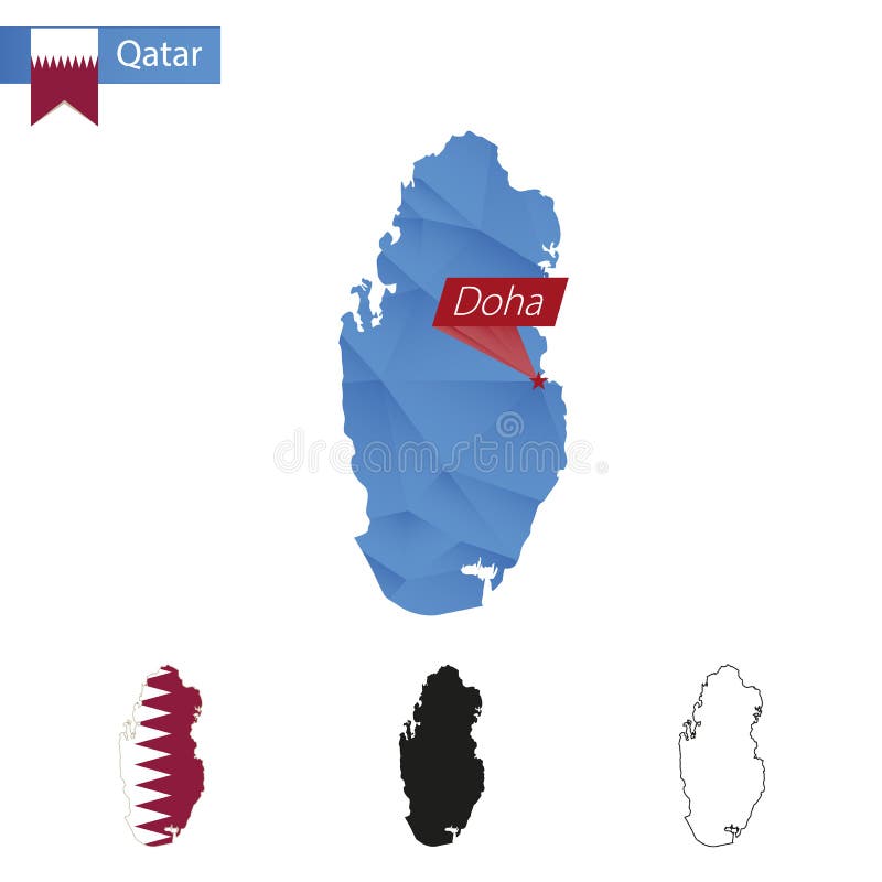 Qatar Blue Low Poly Map with Capital Doha Stock Vector - Illustration ...