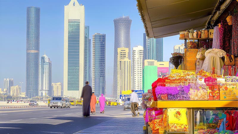 Qatar, Doha City View at Sunset Stock Illustration - Illustration of ...