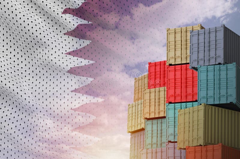 Qatar Flag and Big Stack of Shipping Cargo Containers in Docks with Sky ...