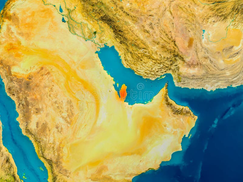 Qatar on physical map stock illustration. Illustration of earth - 91854339