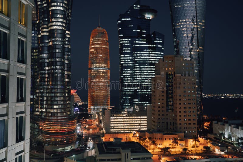 Qatar Skyline during Sunset with Colorful Sky Stock Image - Image of ...