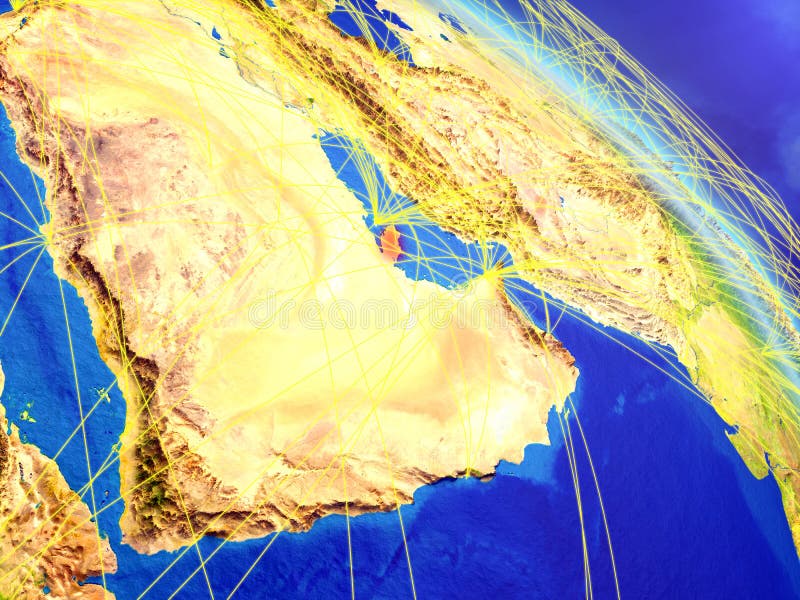 Qatar from Space on Earth at Night Surrounded by Space with Moon and ...