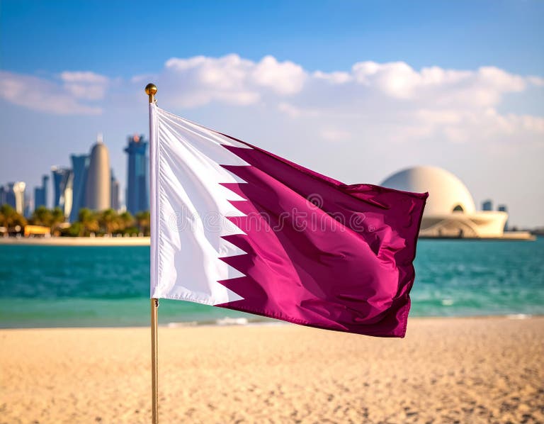 Doha Skyline with the Pearl Qatar Island in the Background, Qatari Flag ...