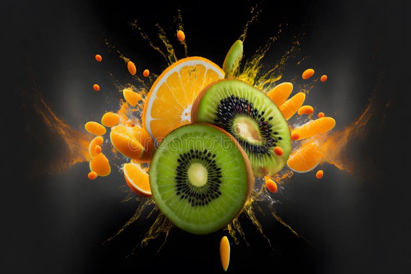 Qiwi and Orange Explosion Splash Moment on Black Background. Neural ...