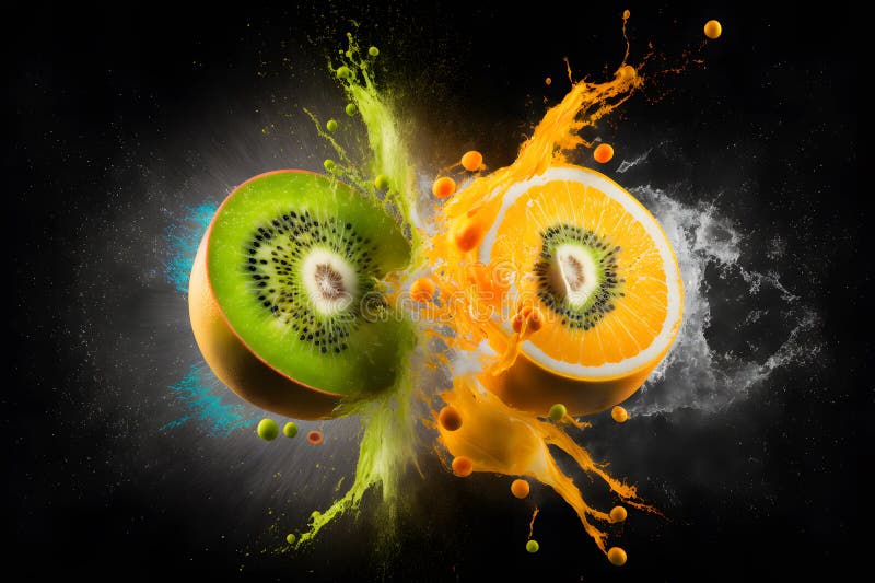 Qiwi and Orange Explosion Splash Moment on Black Background. Neural ...