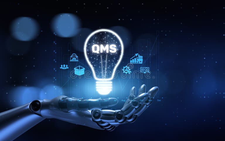 QMS Quality Management System Illustrated with a Robot Hand Pressing a ...