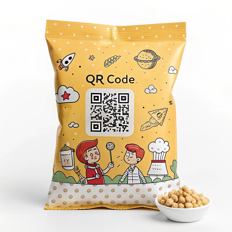 QR Code Based Interactive Snack Pouch with Storytelling Elements Stock ...