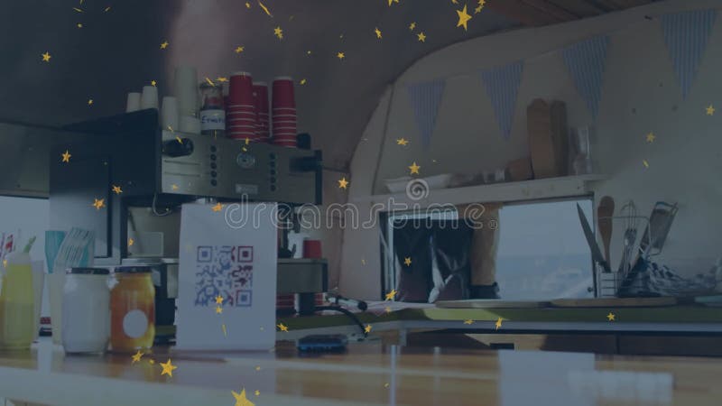 QR Code and Coffee Machine on Counter with Star Animation Overlay Stock ...