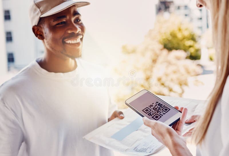 QR Code, Delivery Man and Customer Phone in Home for Easy Payment ...