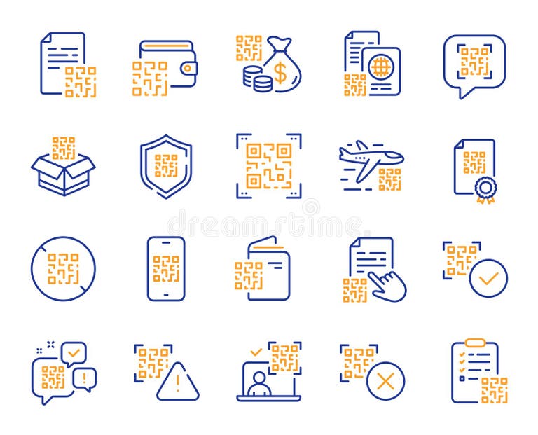 Qr Code Line Icons. Vaccination Certificate, Phone Qr Scan and Qrcode ...