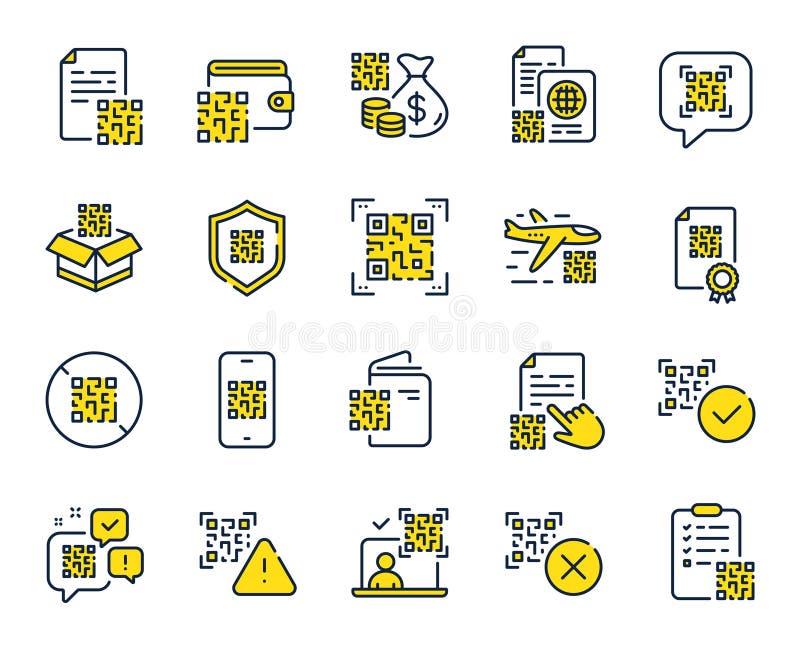 Qr Code Line Icons. Vaccination Certificate, Phone Qr Scan and Qrcode ...