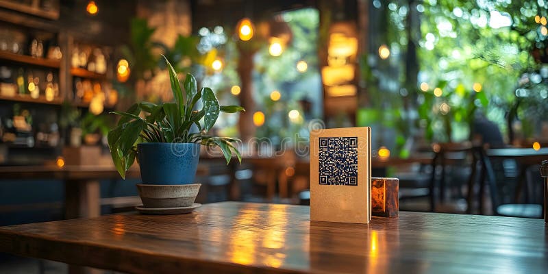 QR Code Menu on a Wooden Table in a Cozy Cafe with Warm Lighting and ...