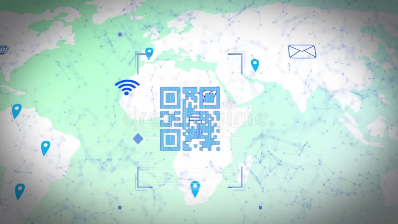 QR Code and Network Icons Animation Over World Map with Connectivity ...
