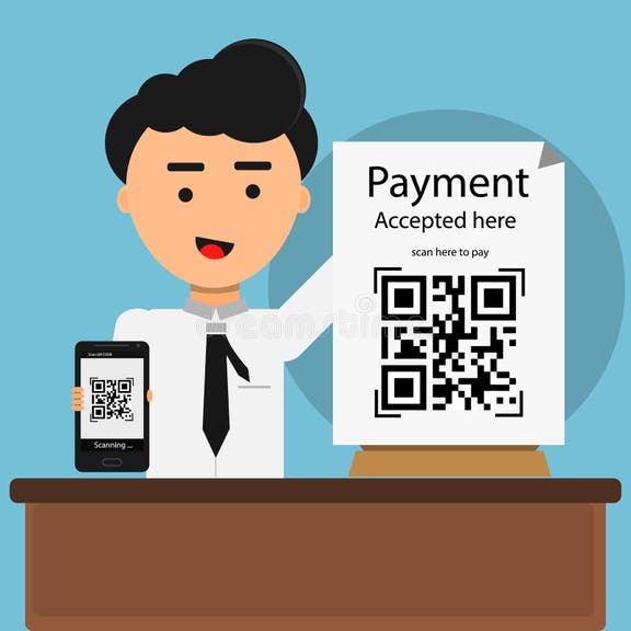 Qr Code Payment Accepted Here with Man Shows Mobile Scan Qr Code Stock Illustration ...
