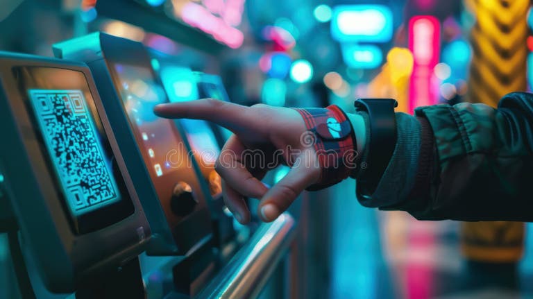 QR Code Payment with Smartwatch at Self-Service Kiosk in Vibrant Modern ...