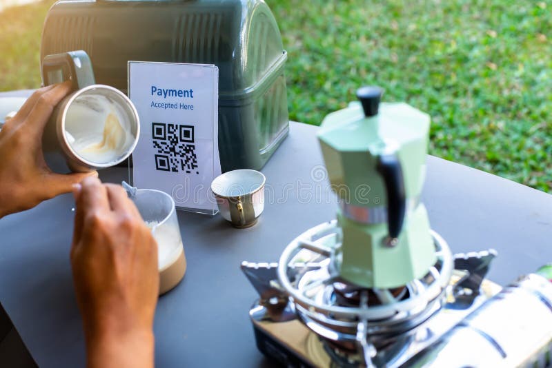 Qr Code Payment Tag with Blurry Staff Making Coffee Stock Image - Image ...