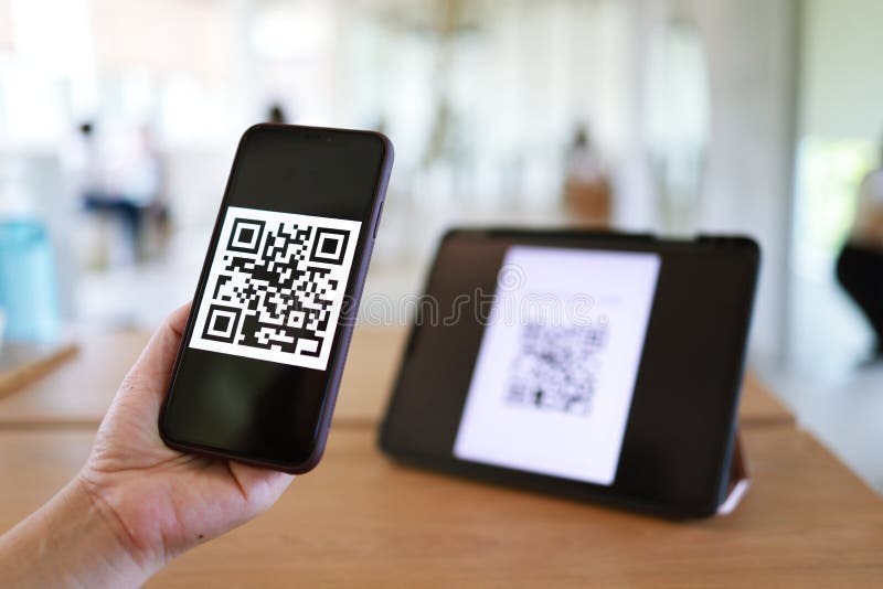 Qr Code Payment. Woman Scanning QR Code Online Shopping Cashless ...
