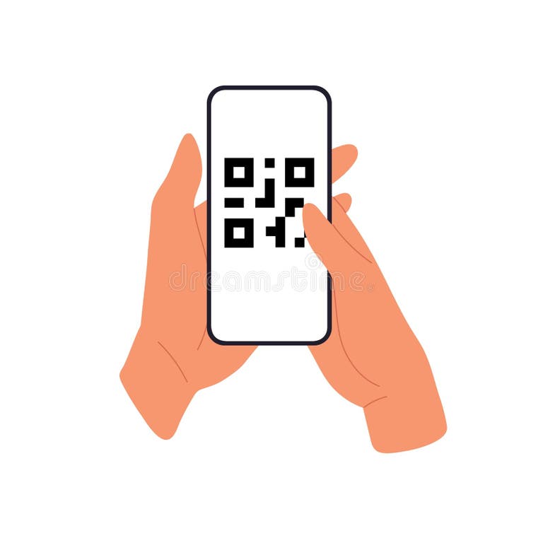 QR Code Scan with Smartphone, Hand Holding Mobile Device Reading Black ...