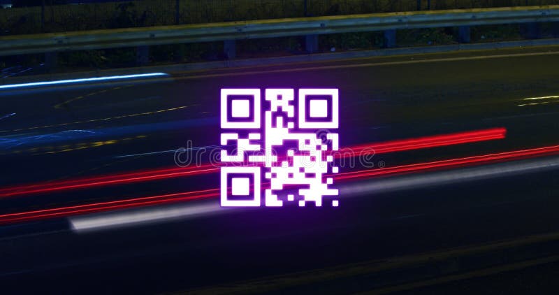 QR Code Scanner Against Light Trails on Black Background Stock ...