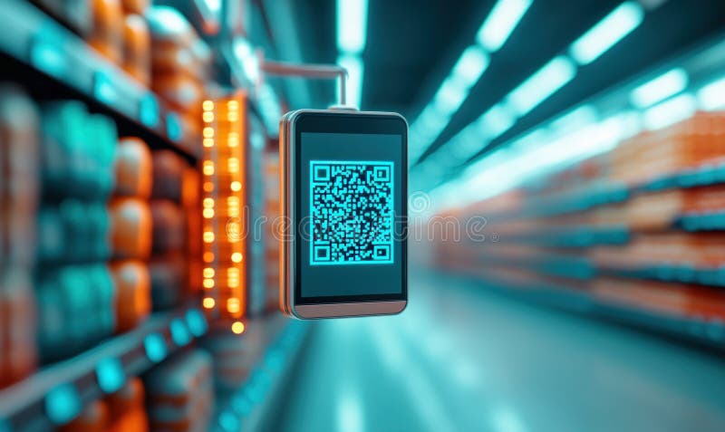 QR Code Scanner in High-Tech Supermarket Aisle Stock Illustration ...