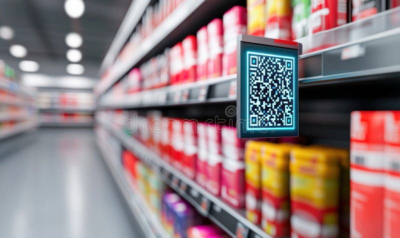 QR Code Scanner in High-Tech Supermarket Aisle Stock Illustration ...