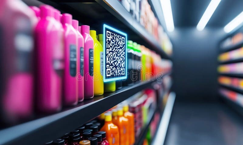 QR Code Scanner in High-Tech Supermarket Aisle Stock Illustration ...