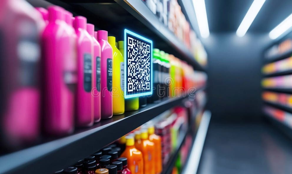 QR Code Scanner in High-Tech Supermarket Aisle Stock Illustration ...