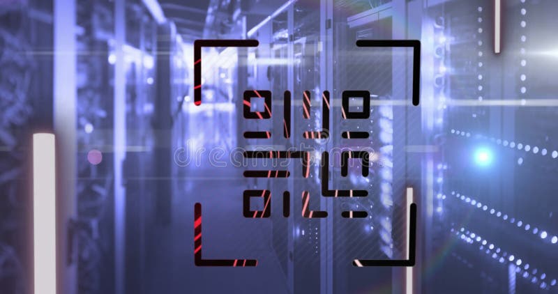 QR Code Scanner with Neon Elements Against Empty Server Room Stock ...