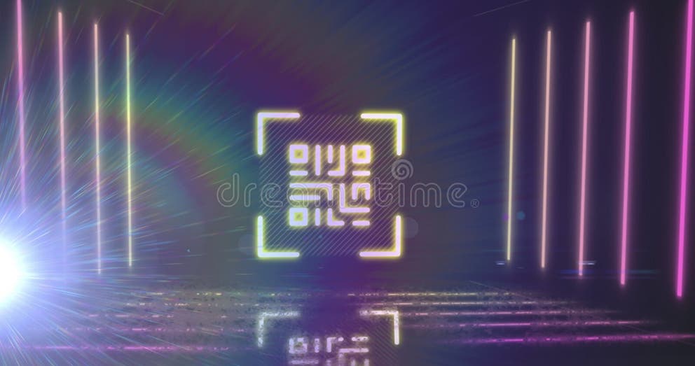 QR Code Scanner with Neon Elements Against Rainbow Light Flare Stock ...