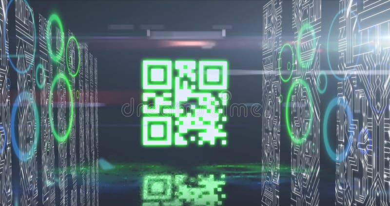 QR Code Scanner with Neon Elements Against Screen of Microprocessor ...