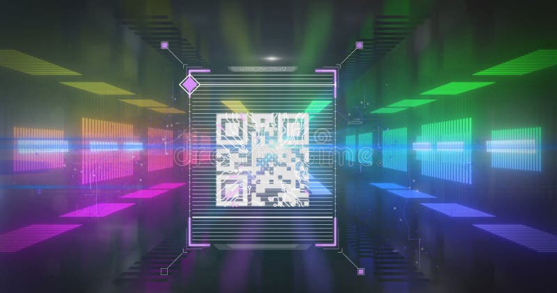 QR Code Scanner Over Thumb Scanning Against Glowing Tunnel Stock ...