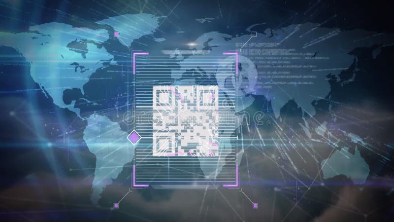 QR Code Scanning Animation Over Digital World Map with Data Lines Stock ...