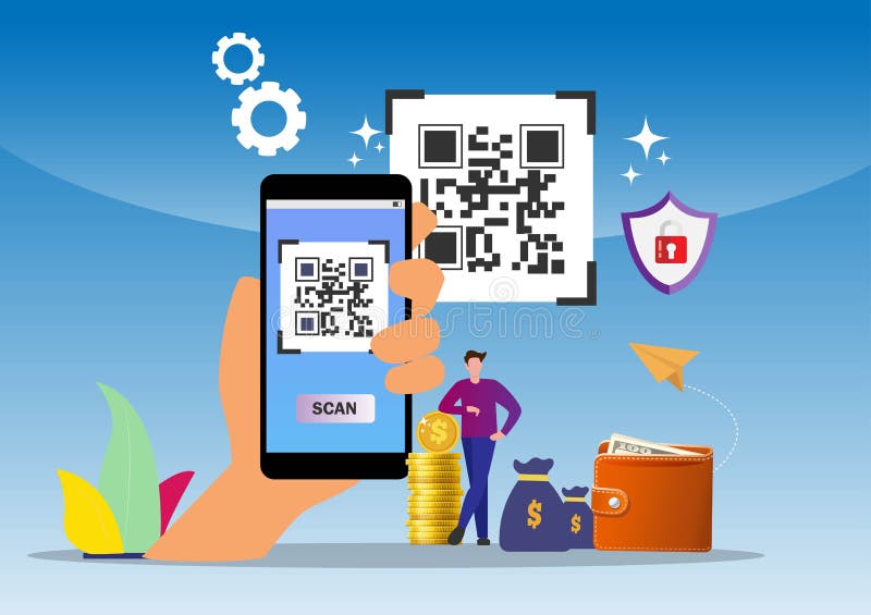 QR Code Scanning Concept with People Scan Code Using Smartphone. Flat ...