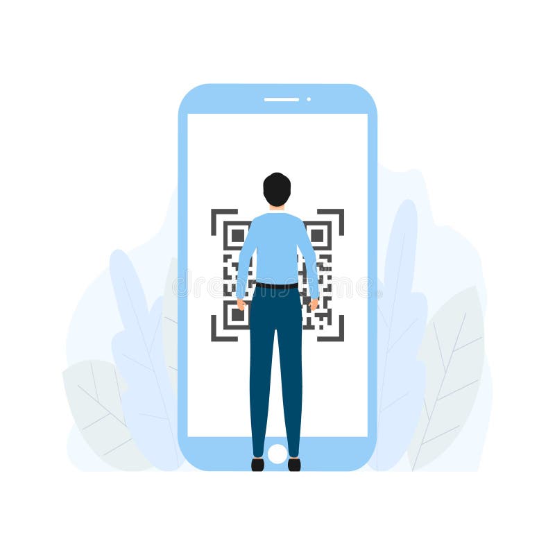 QR Code Scanning Concept. Small Man Use Smartphone and Scan Qr Code Stock Vector - Illustration ...
