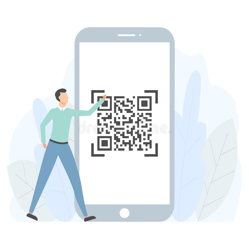 QR Code Scanning Concept. Small Man Use Smartphone and Scan Qr Code Stock Vector - Illustration ...