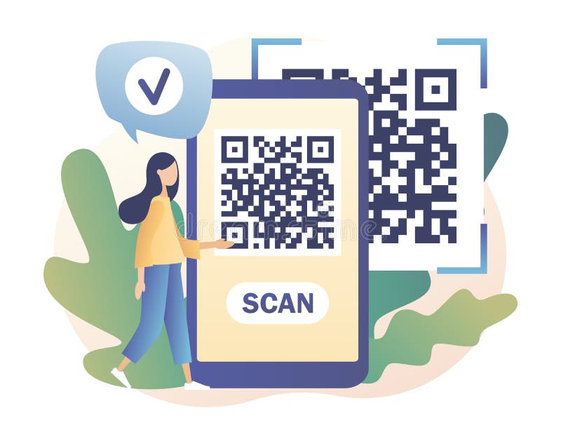 QR Code Scanning Concept. Tiny Girl Scan Code Using Smartphone. Modern ...