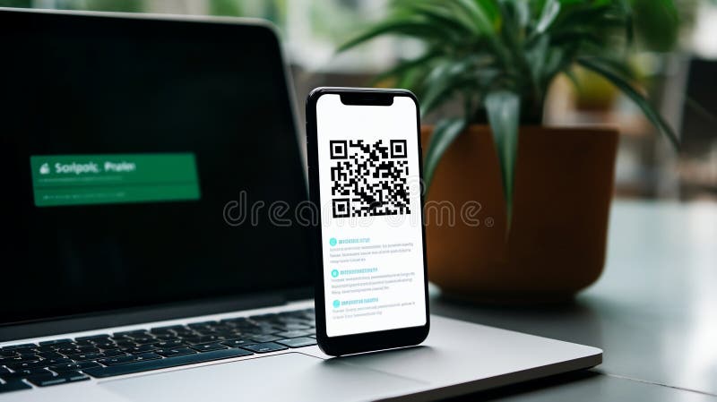 Qr Code on Smart Phone Screen with Laptop and Plant on the Table Stock ...