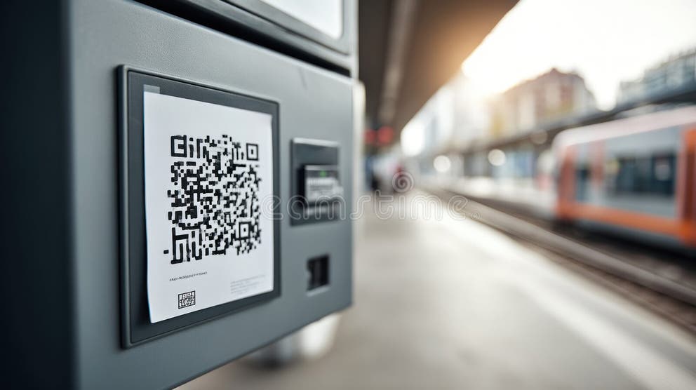 A Qr Code on a Train Station Machine, with a Train and the Platform ...