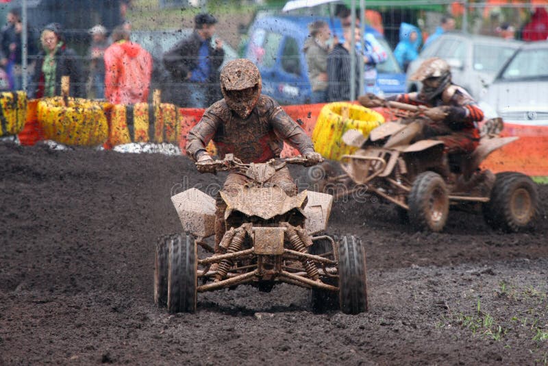 Quad Bike Racing In Dirt And Mud Stock Image - Image of power, pilot ...
