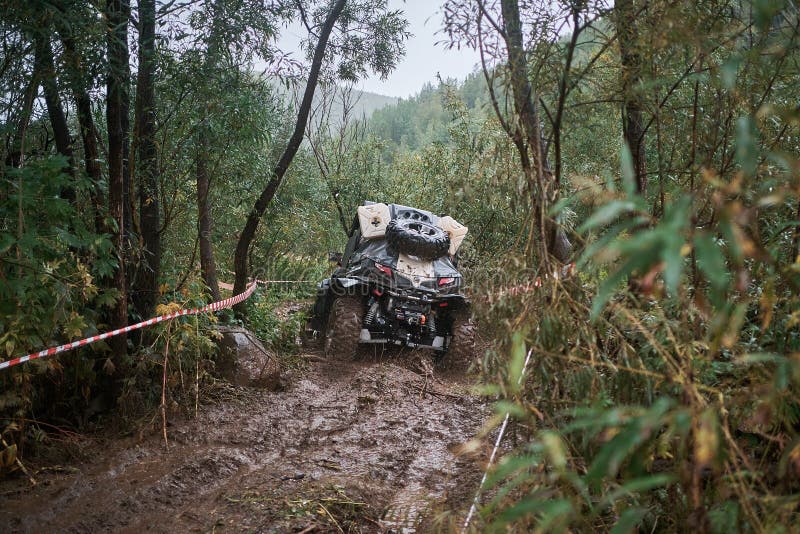 Quad Rider Jumping on a Muddy Forest Trail Editorial Photo - Image of ...