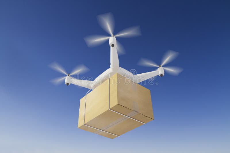 Quadcopter Deliveries a Box in the Blue Sky Stock Image - Image of ...