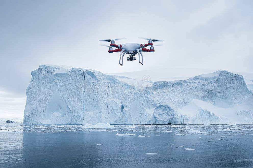 Quadcopter Drone with Camera Flying Over Arctic Ocean and Icebergs ...