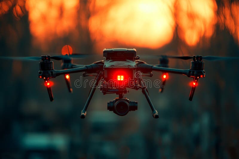 Quadcopter Drone with Camera Flying and Recording Video during Sunset ...