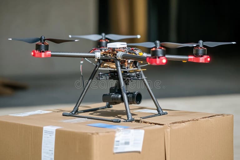A Quadcopter Drone is Positioned on Several Cardboard Boxes Ready for ...