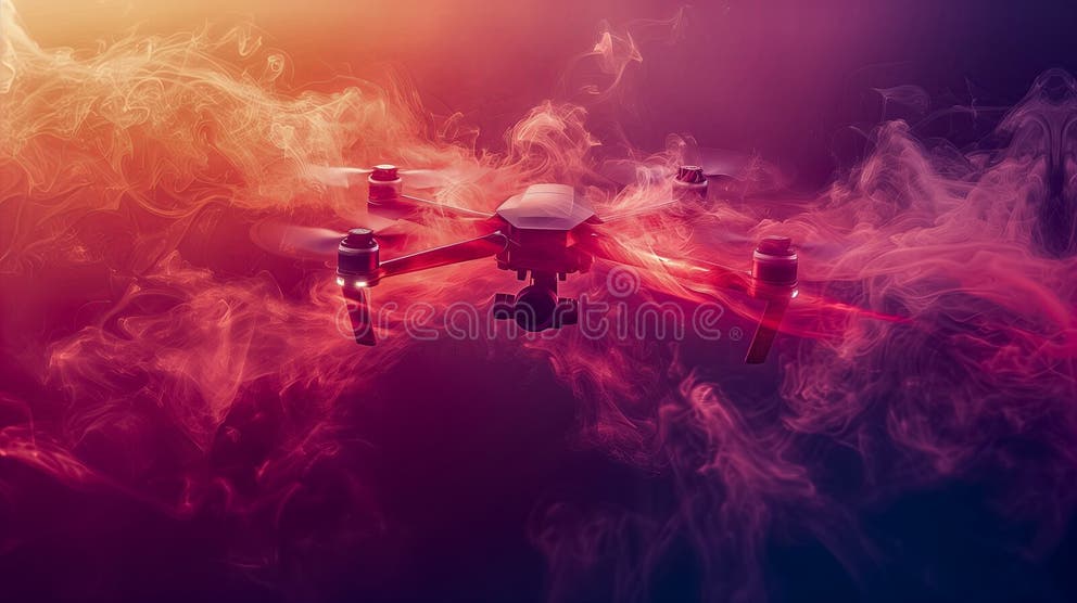 Quadcopter Drone Soaring through a Fiery Explosion in a Dramatic, Dark ...