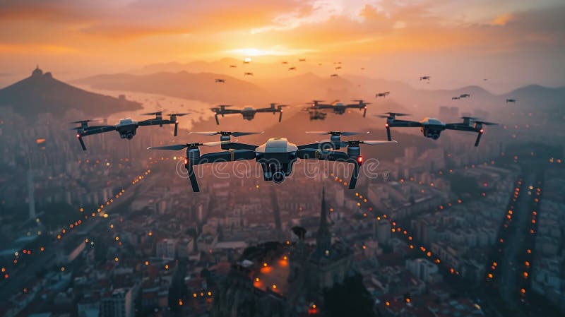 Quadcopter Drones Over City at Dawn, Orange Skyline. Smart Cities ...